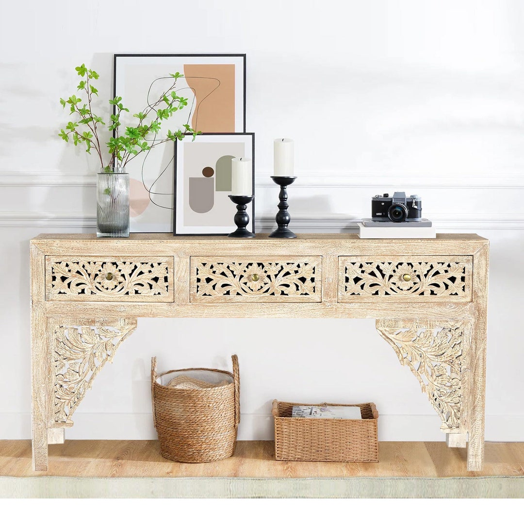 Transitional Style Wooden Carved Lattice Distressed White Console With ...