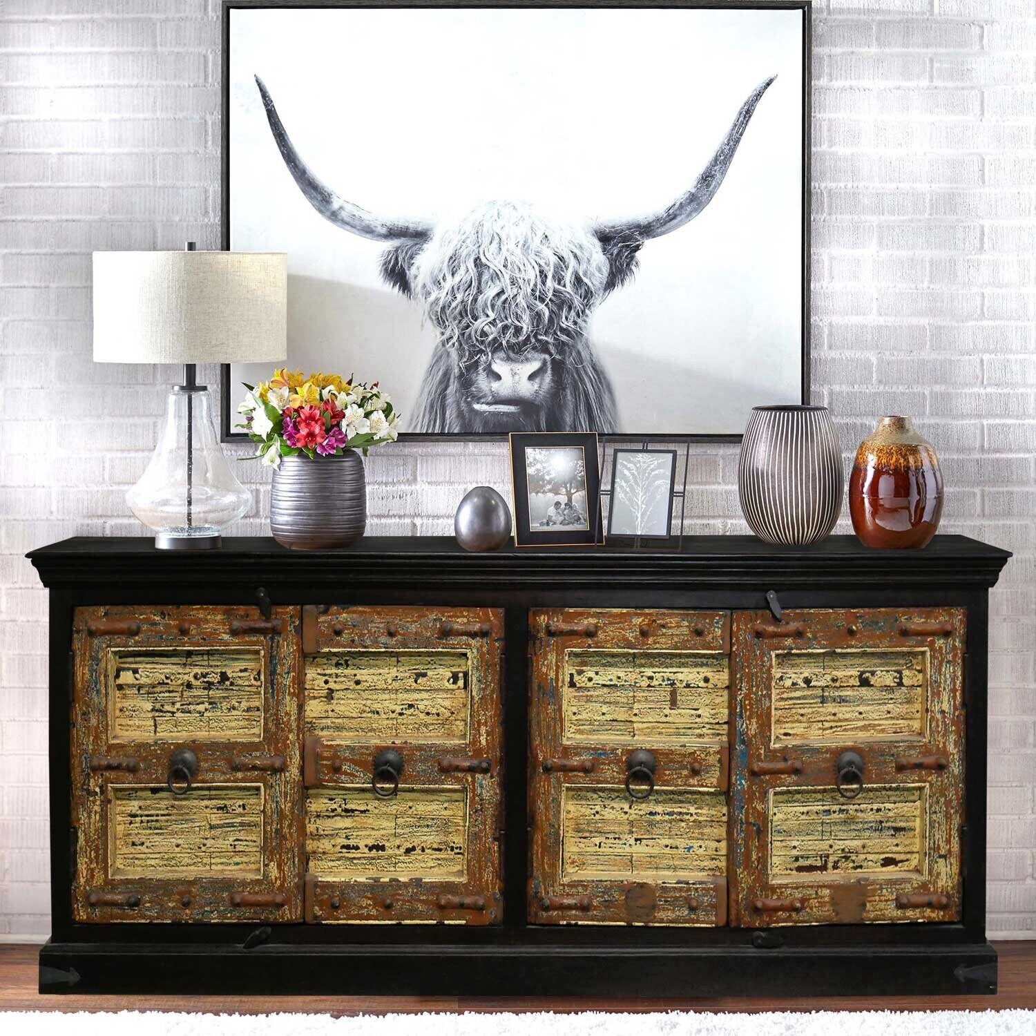 88 Extra Large Solid Wood Sideboard With 4 Doors 36 Inch Tall Distressed Two Tone Dining Buffet Long Credenza Cabinet Etsy