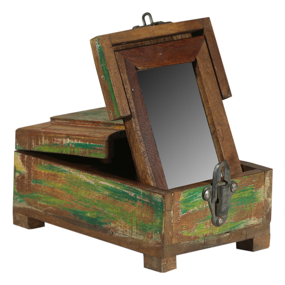 Vintage Wooden Barber Box With Mirror | Distressed Colored Storage Box ...