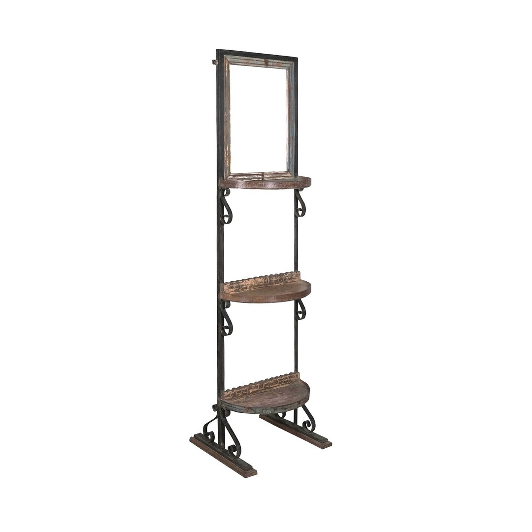 73 Inch Tall Vintage Iron & Wood Display Rack With Mirror | Farmhouse ...