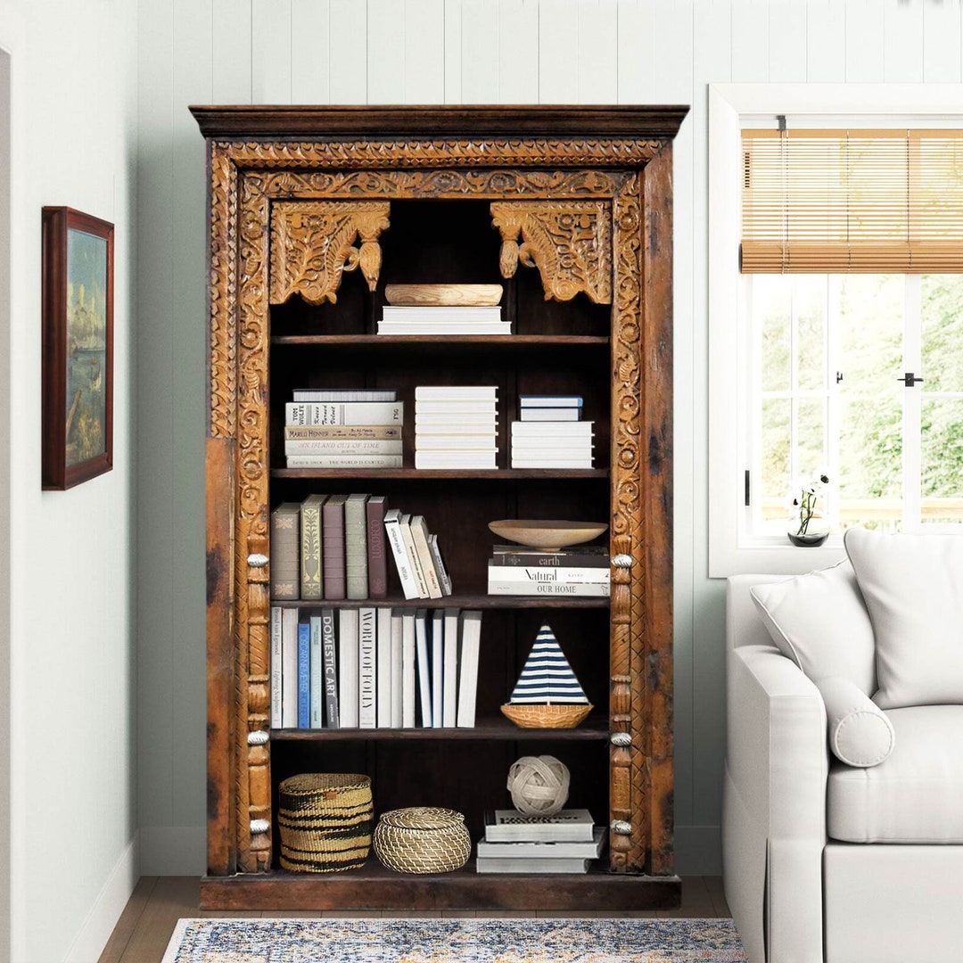 54” Wide Carved Bookcase | Antique Doorframe Repurposed Bookshelf ...