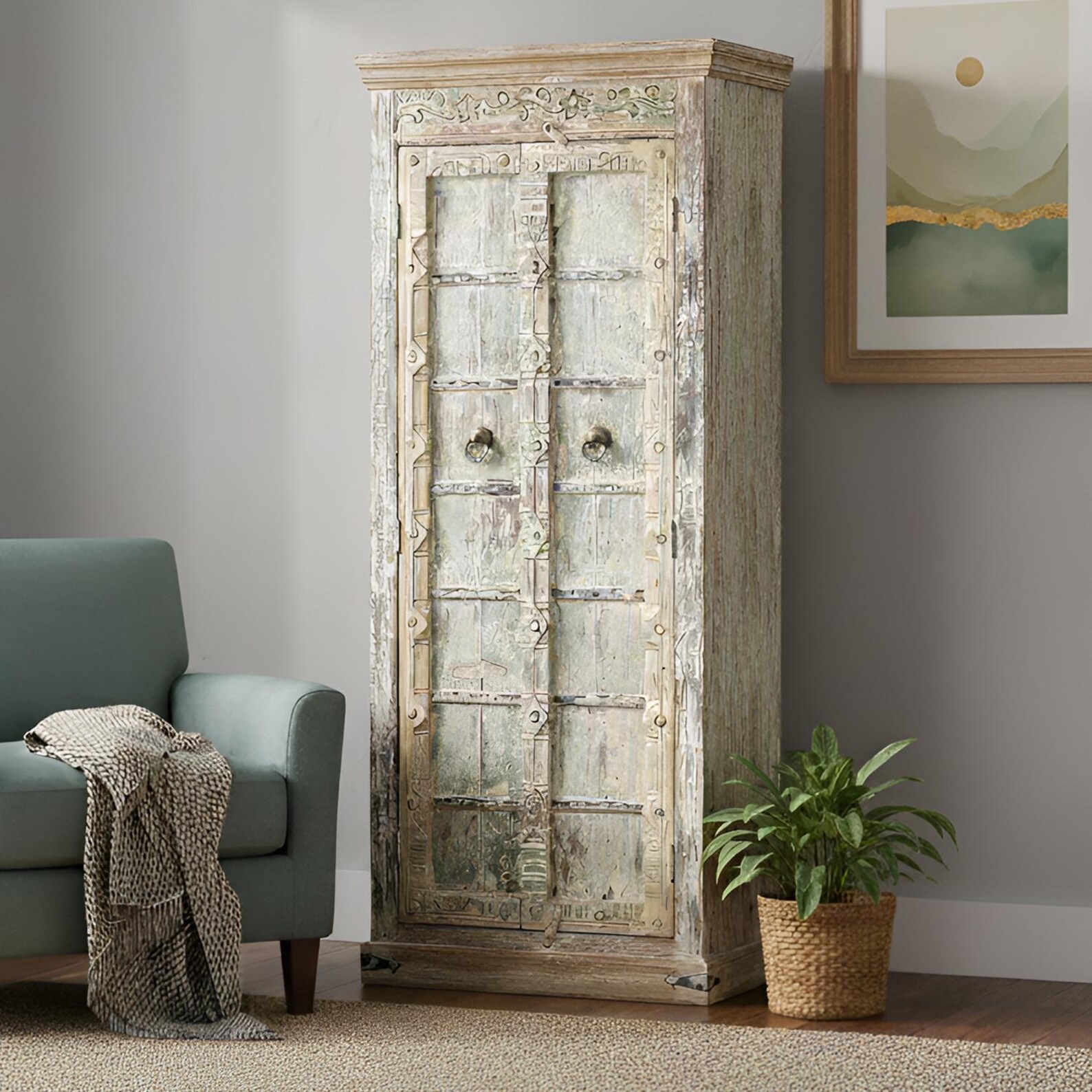 82" Tall Distressed White Antique Door Upcycled Solid Wood Armoire ...