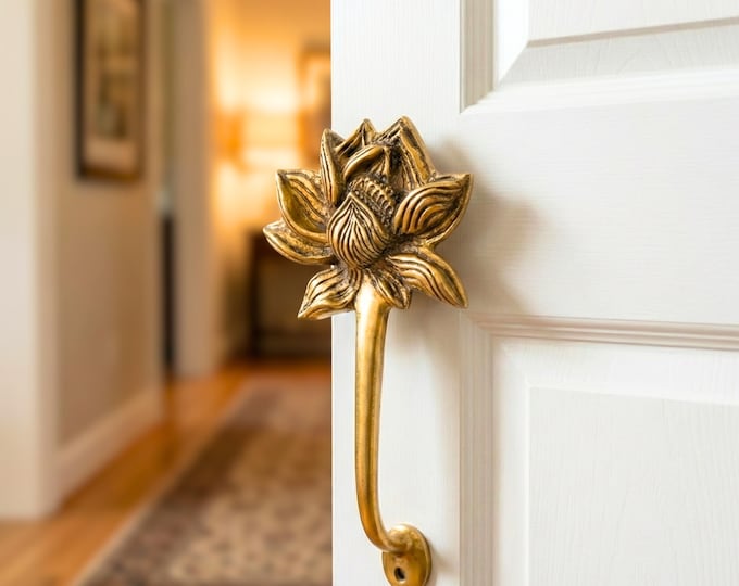 Ornate 10" Solid Brass Lotus Door Handle | Antique Floral Cabinet Pull ...