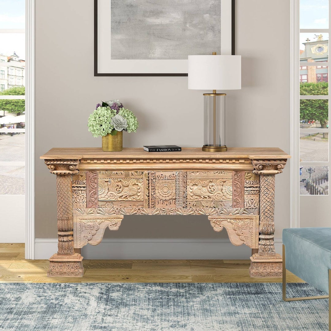 72” Long Antique Columns and Carvings Repurposed Teak Wood Console ...