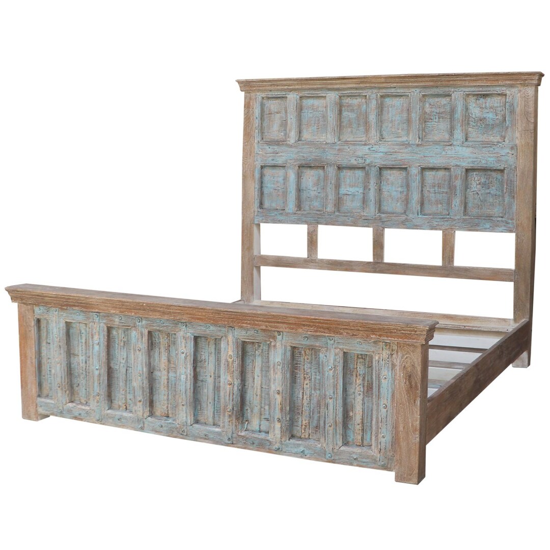 Antique Door Repurposed King Bed | Distressed Blue Gray Solid Wood Bed ...