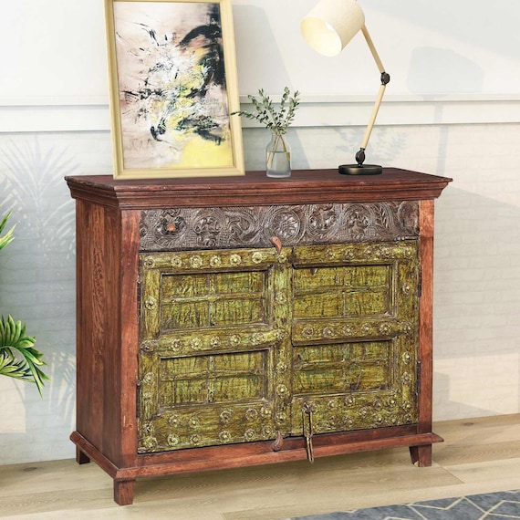 50 Wide Solid Wood Cabinet With 2 Doors Antique Door Upcycled Cabinet Handmade Chest Rustic Farmhouse Distressed Green Small Buffet Etsy