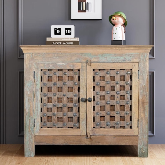 Distressed White Credenza With Metal Accent 36 Inch Tall Storage Cabinet With 2 Doors Solid Wood Storage Cabinet Hand Carved Sideboard Etsy