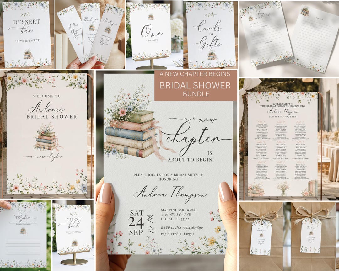 Bridal Shower Bundle, Floral Book Theme Decor, Editable Templates ...