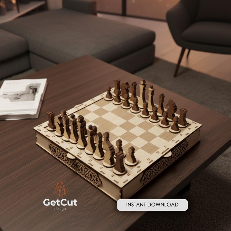 Chess Set SVG & DXF – Laser Cut Wooden Game Board and Pieces Template ...