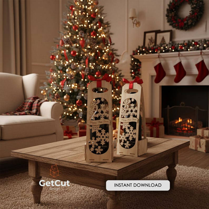 Christmas Wine Gift Box SVG & DXF – Laser Cut Wooden Bottle Box ...