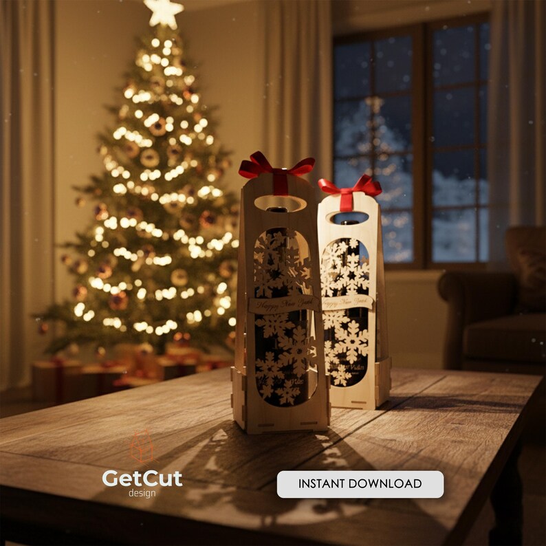 Christmas Wine Gift Box SVG & DXF – Laser Cut Wooden Bottle Box ...
