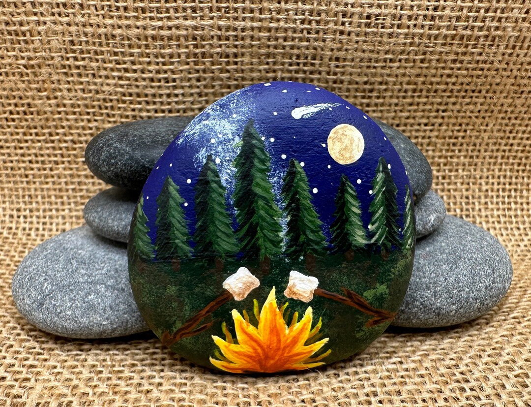 Camping Painted Rock, Campfire, S’mores, Painted Stones, Hand Painted ...