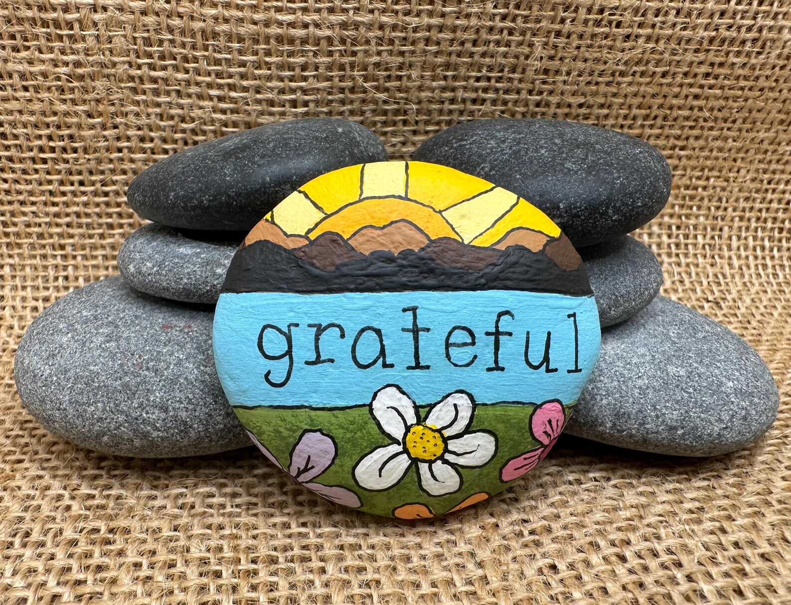 Grateful: Hand-painted Rock With Whimsical Flowers, grateful & Mountain ...