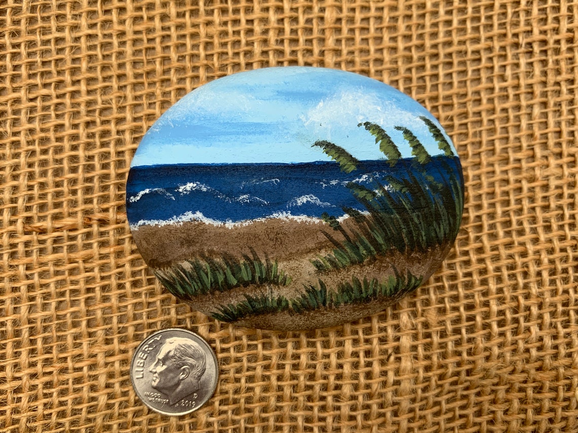 Painted Rock Sand Dune Beach Scene Ocean Waves Hand Painted - Etsy