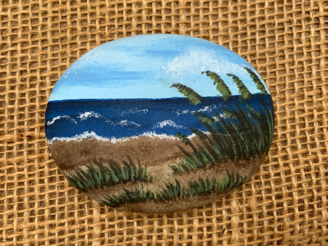 Painted Rock Sand Dune Beach Scene Ocean Waves Hand Painted - Etsy