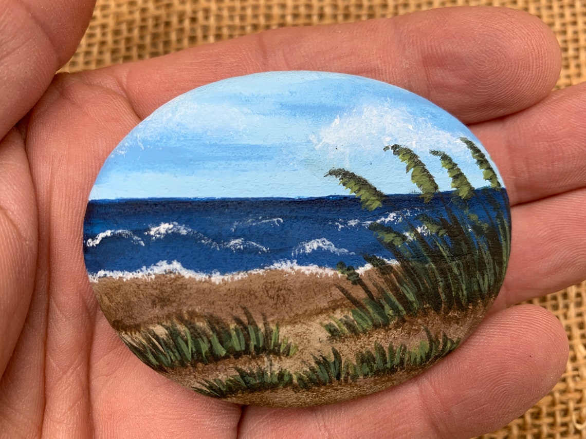 Painted Rock Sand Dune Beach Scene Ocean Waves Hand Painted - Etsy
