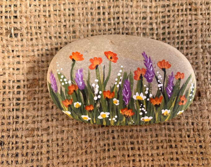 Painted Rock, Colorful Wildflowers, Purple, Orange, Rock Art, White and ...