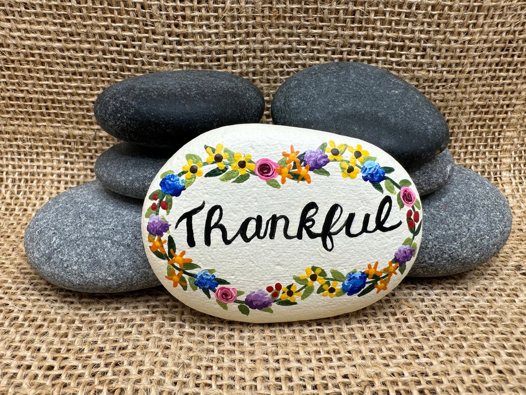Painted Rock, Thankful, Colorful Flower Wreath, Beach Rocks, Hand ...