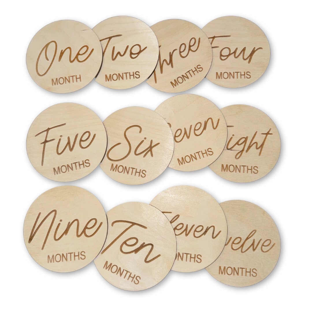 Baby Monthly Milestone Discs 12pc. | Engraved Wood Cutouts | One ...