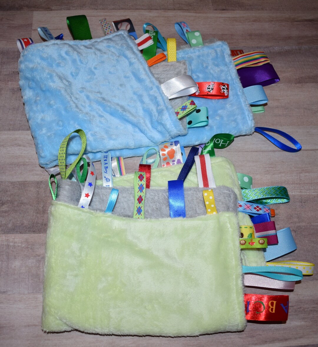 Lovies With Ribbons Blue/gray or Green/grey Minkie Tag Lovie Boy Tag ...