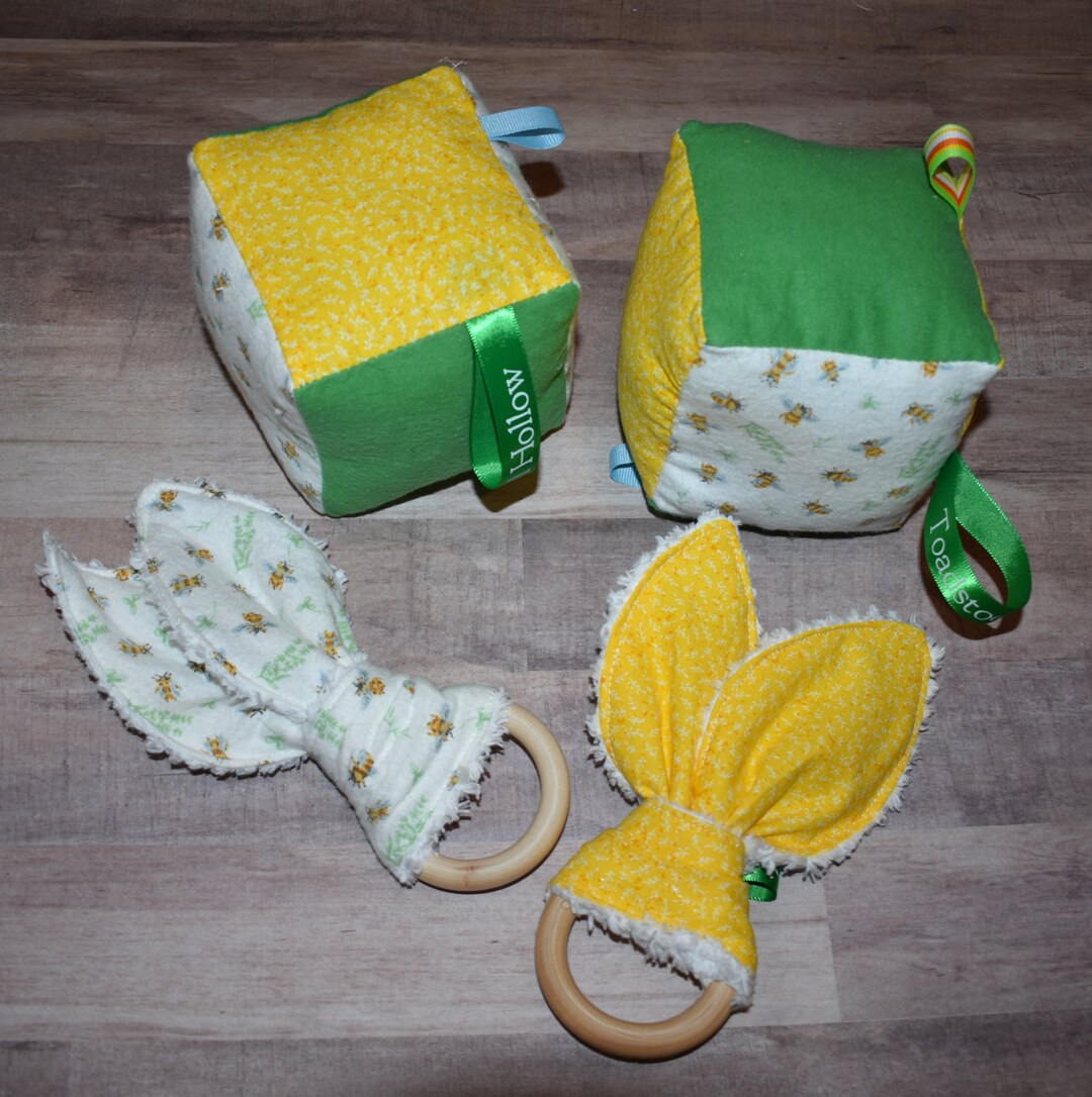 Bumble Bee/green/yellow Teether & Rattle Set, Baby Gift Set, bunny Ear ...