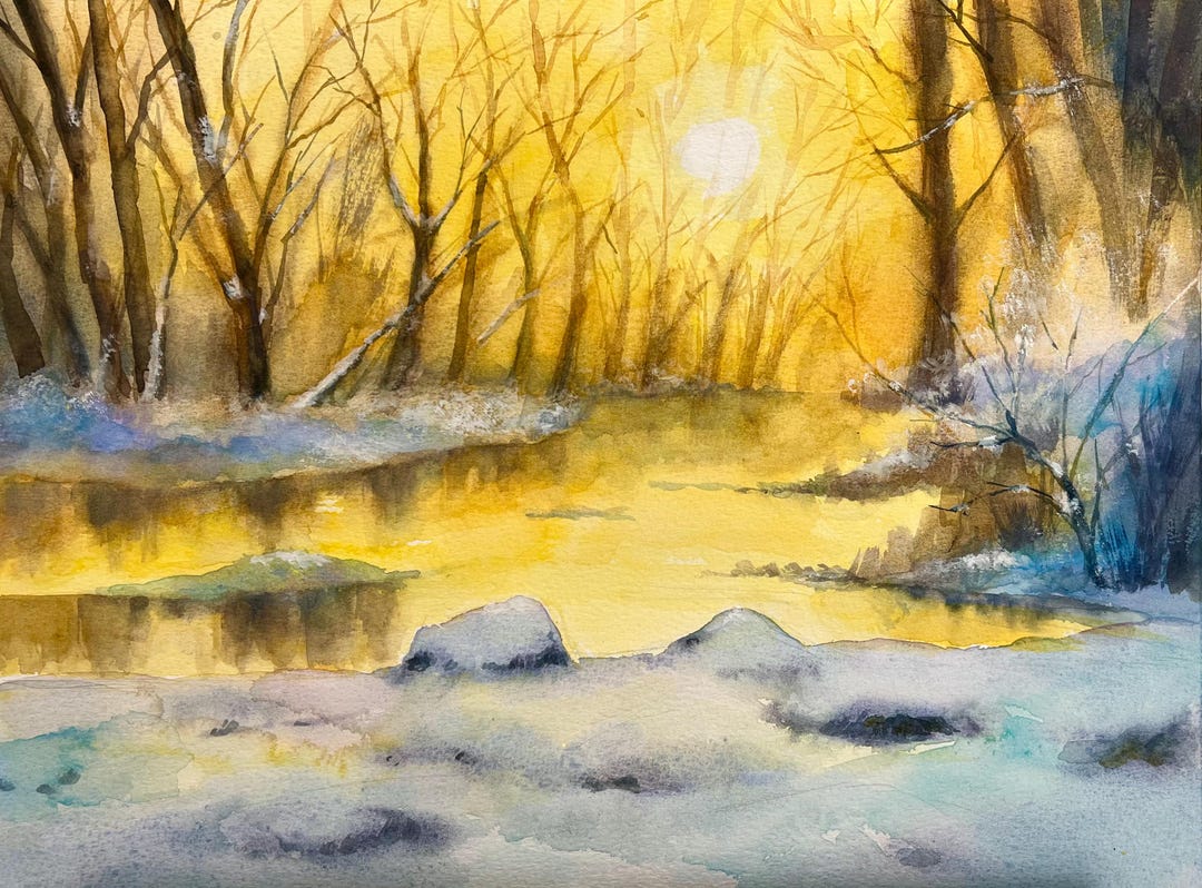 Original Watercolor Landscape – Golden Winter Forest Reflection - Etsy