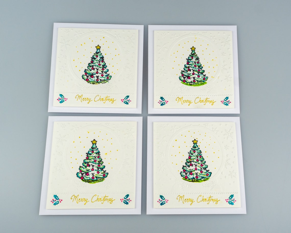 Set of 4 Christmas Greeting Cards, Handmade Merry Christmas Cards ...
