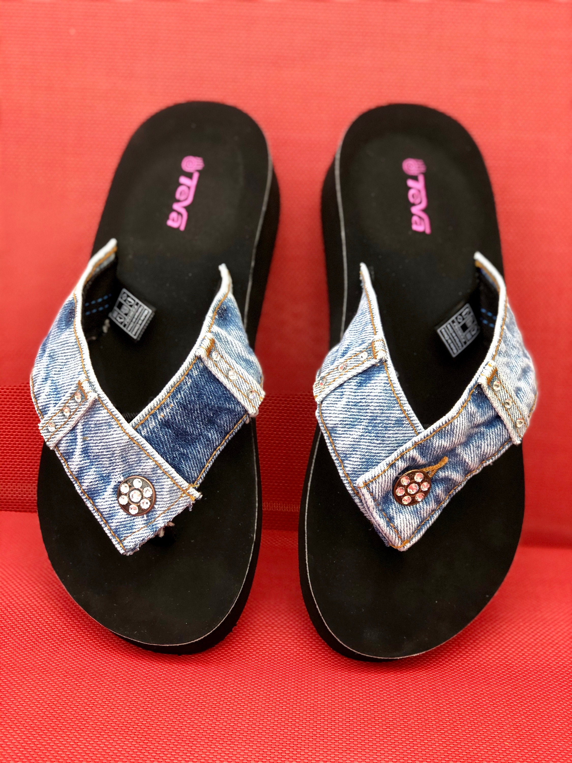 Flip Flop Sandal Denim Blue Jean Bright Crystal Diamond | Etsy