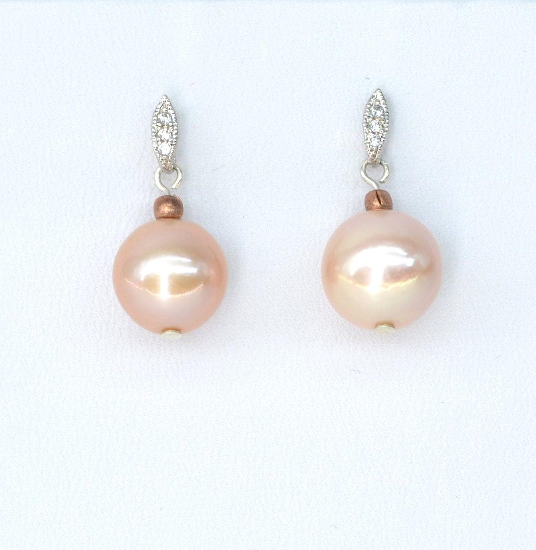 Pink Edison Pearl Earrings, With Small Copper Bead, Cubic Zirconia ...