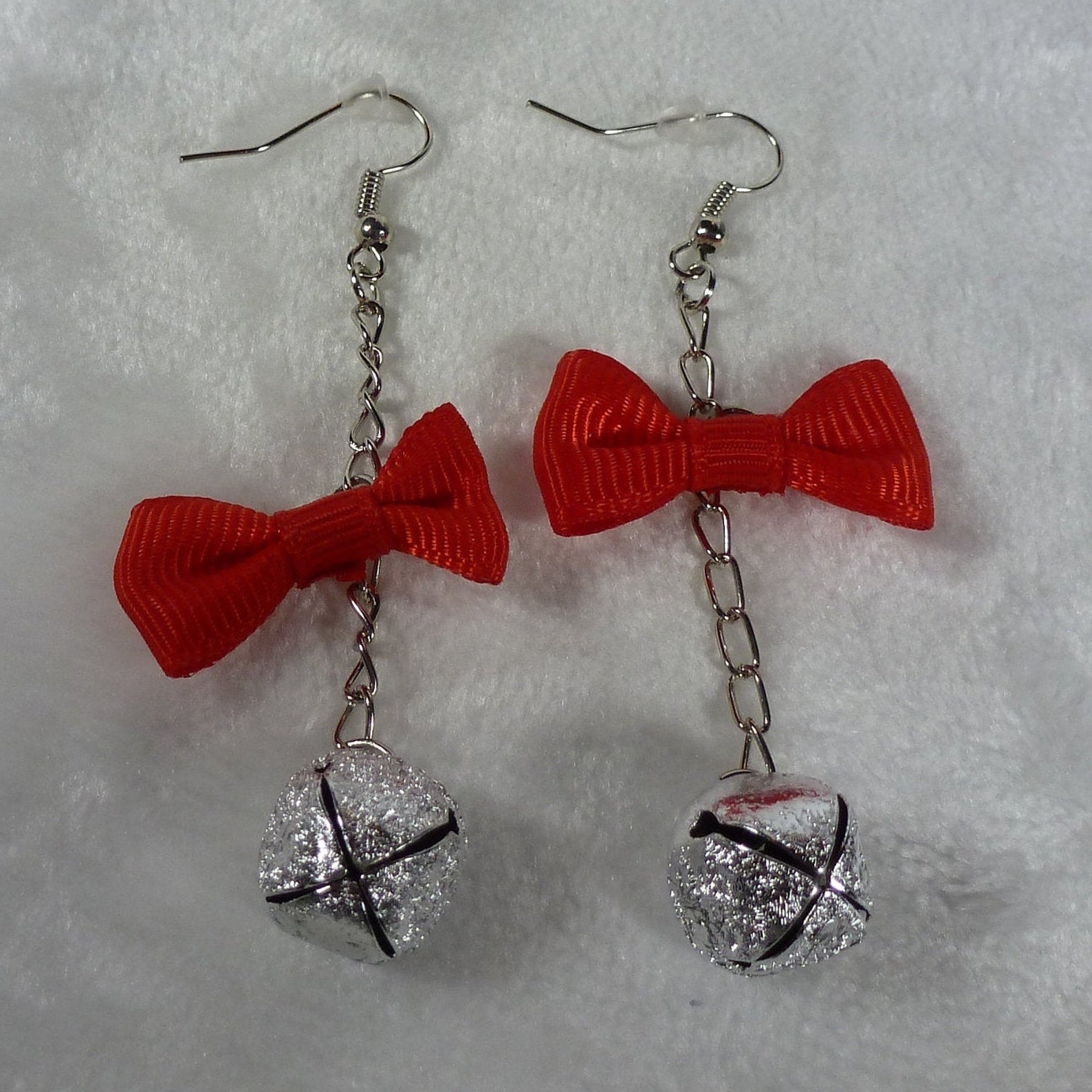 Holiday/christmas Silver Bell Earrings With Red Ribbon Bows - Etsy