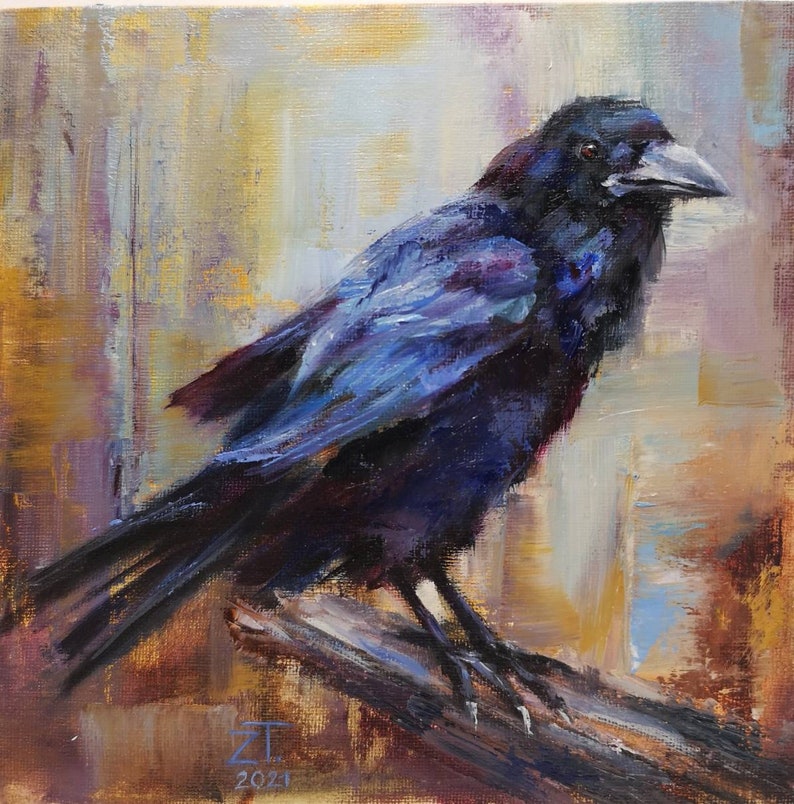 Raven. Original oil painting on canvas 20x20 cm. Handpainted | Etsy