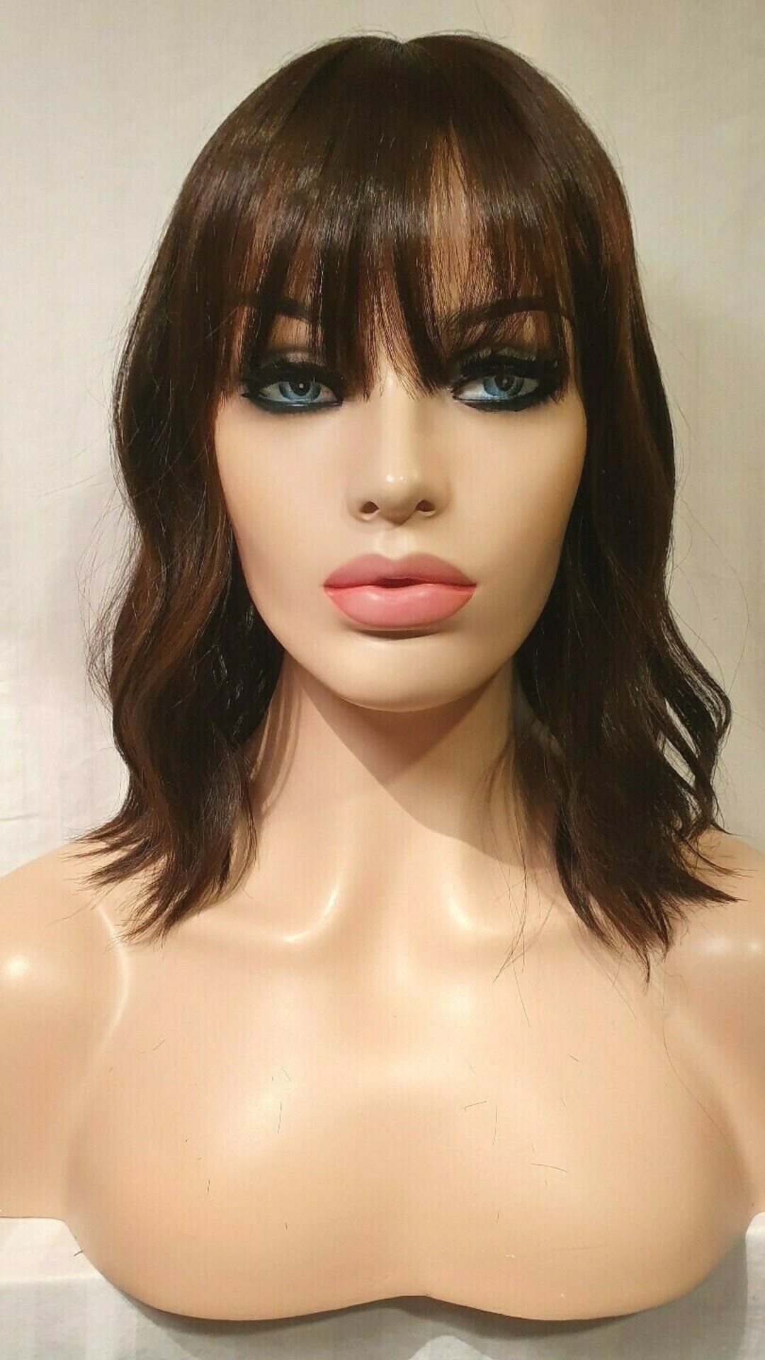 Elsie Dark Brown, Bangs, Human Hair Blend Wig Wig Short Bob Curly Wavy ...