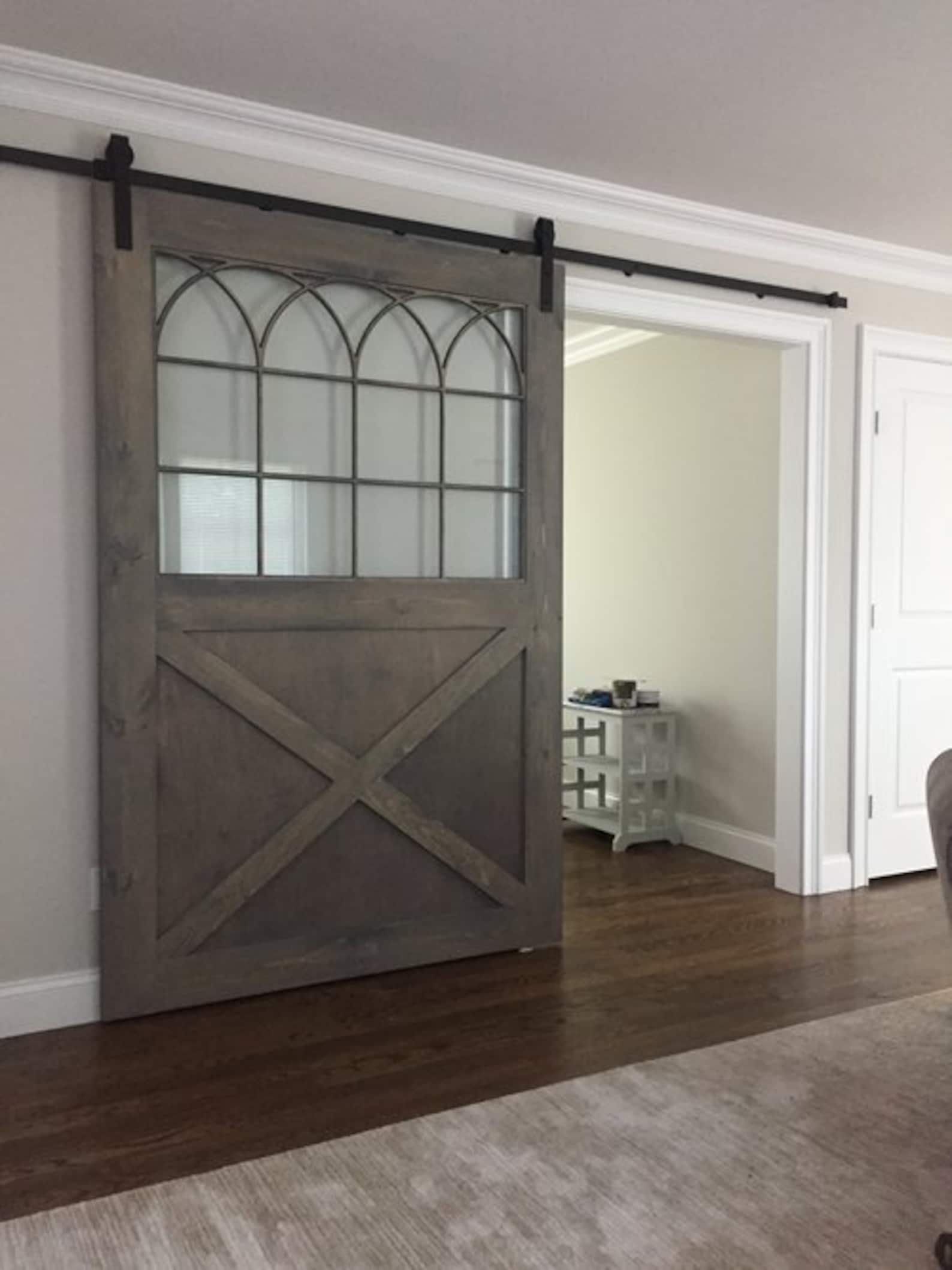 Custom Sliding Barn Door With Glass Insert and Gothic Grill - Etsy
