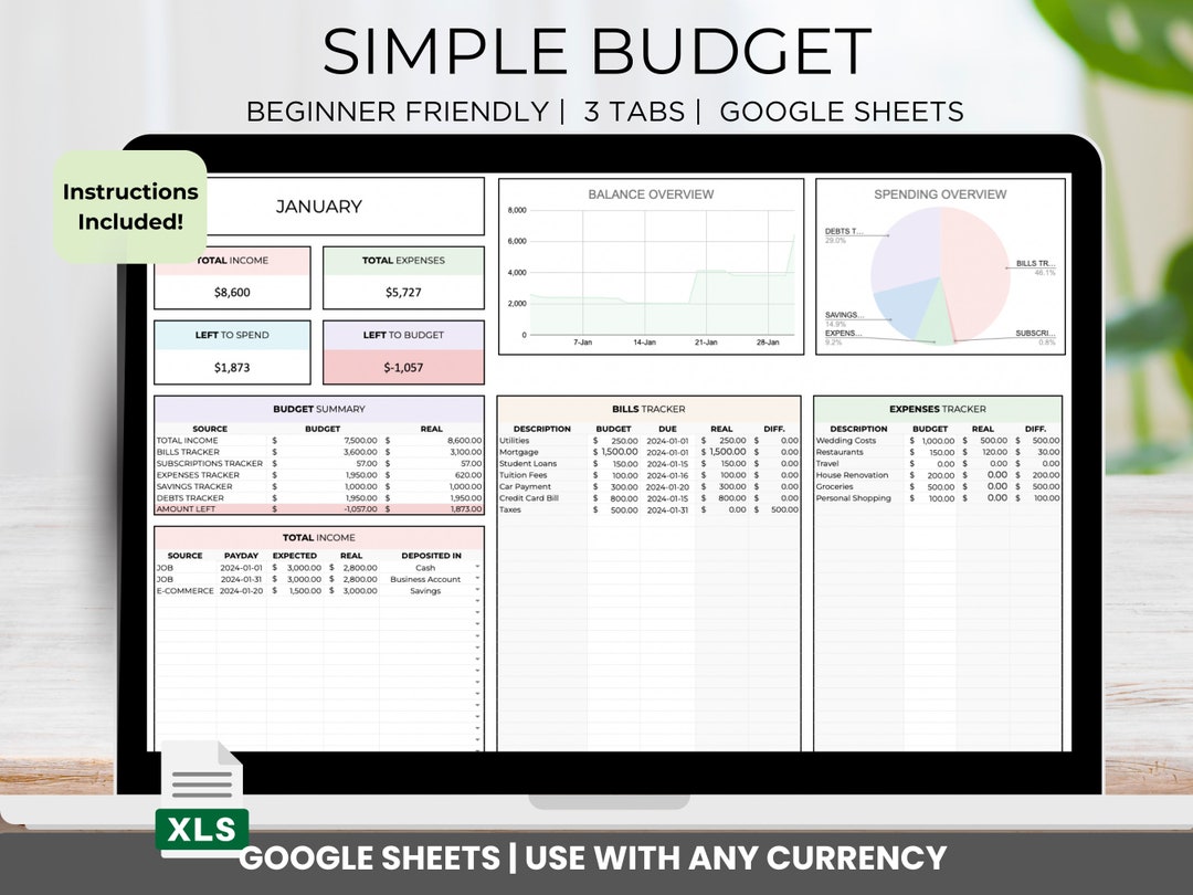 Budget Tracker Spreadsheet, Simple Google Sheets Budget, Financial ...