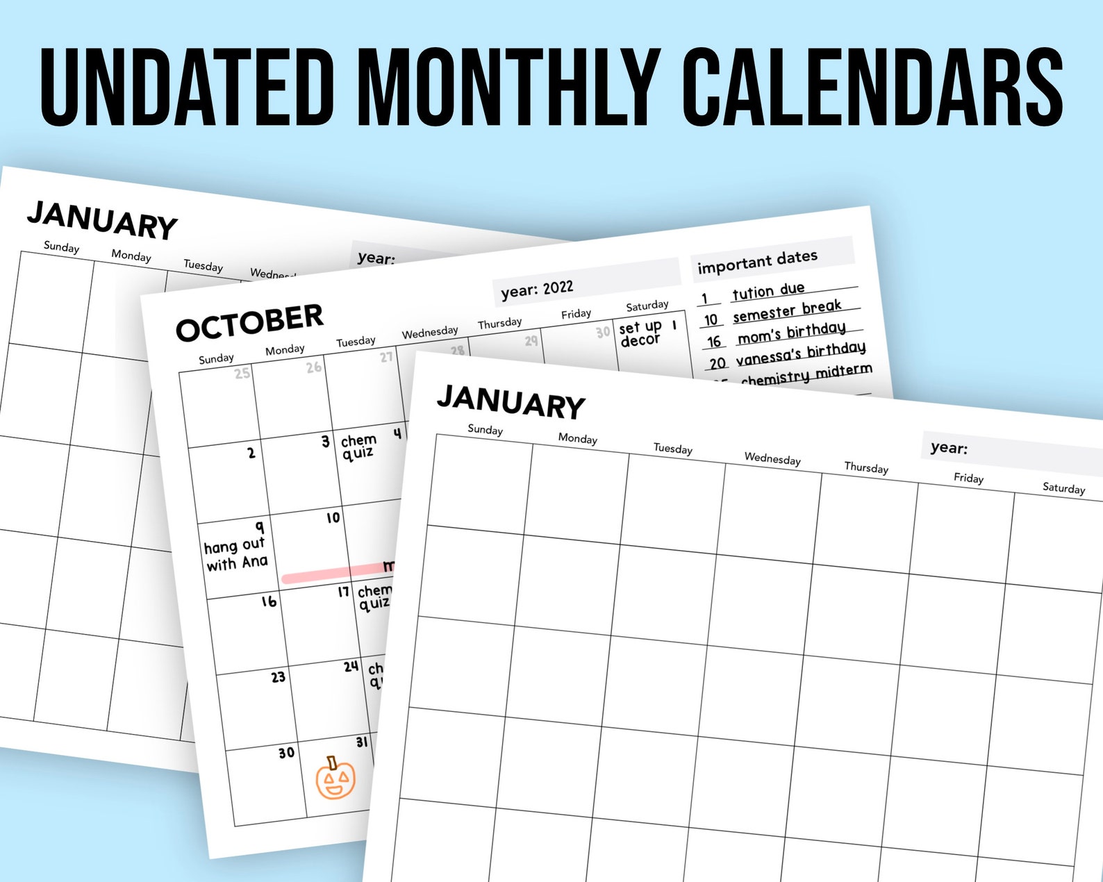 Undated Monthly Calendar Planner | January to December With Sunday ...