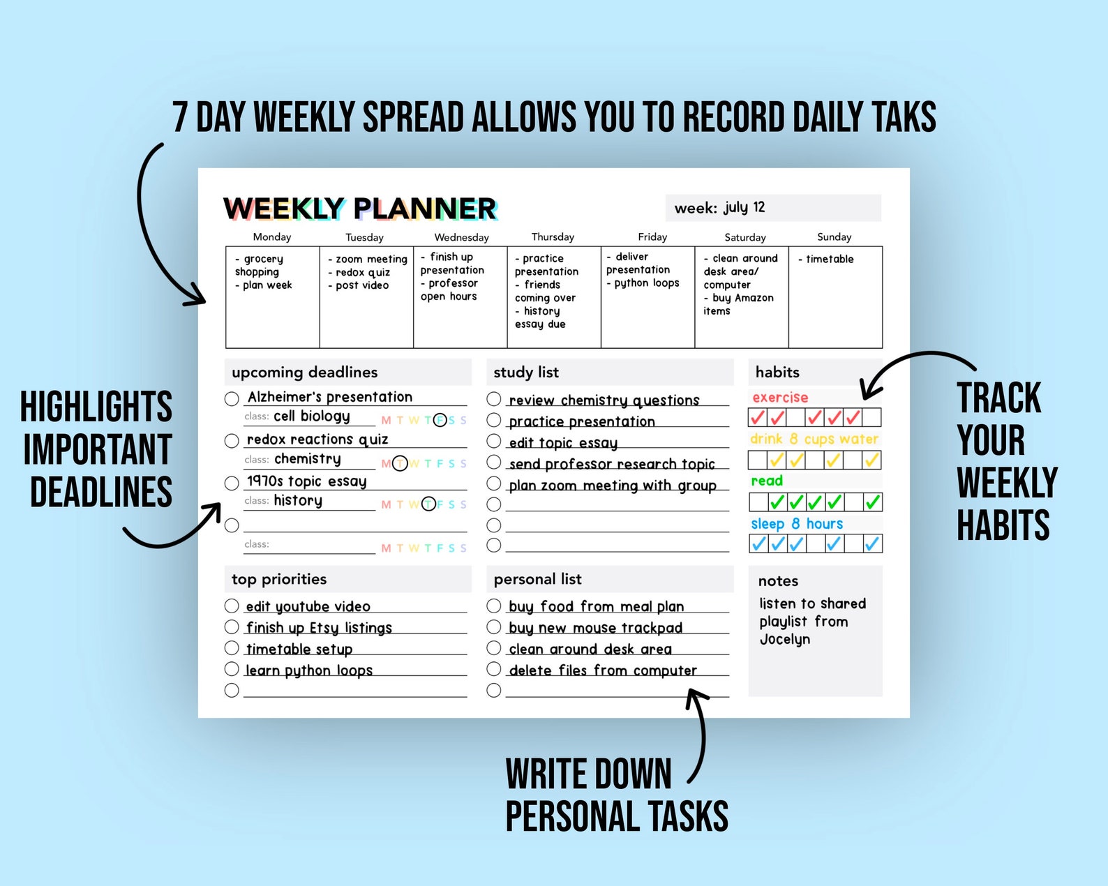 Weekly Planner Bundle | Habit Tracker, Timetable, Deadline, Task List ...