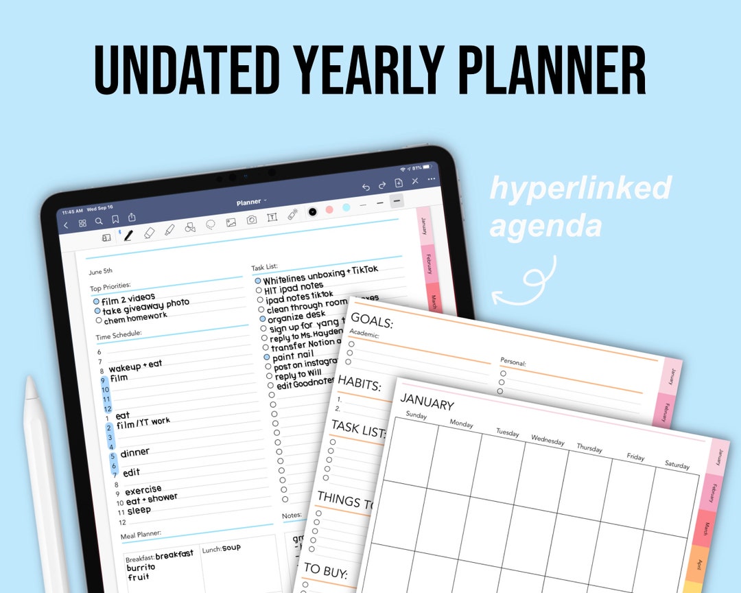 Undated Digital Yearly Planner | Hyperlinked Agenda - Etsy