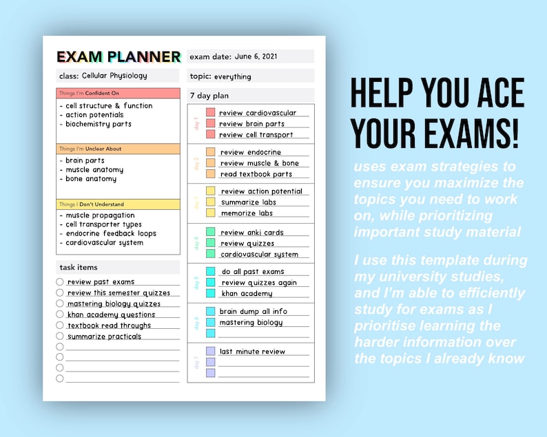 Exam Prep Planners Exam Study Kit Organization Template | Etsy
