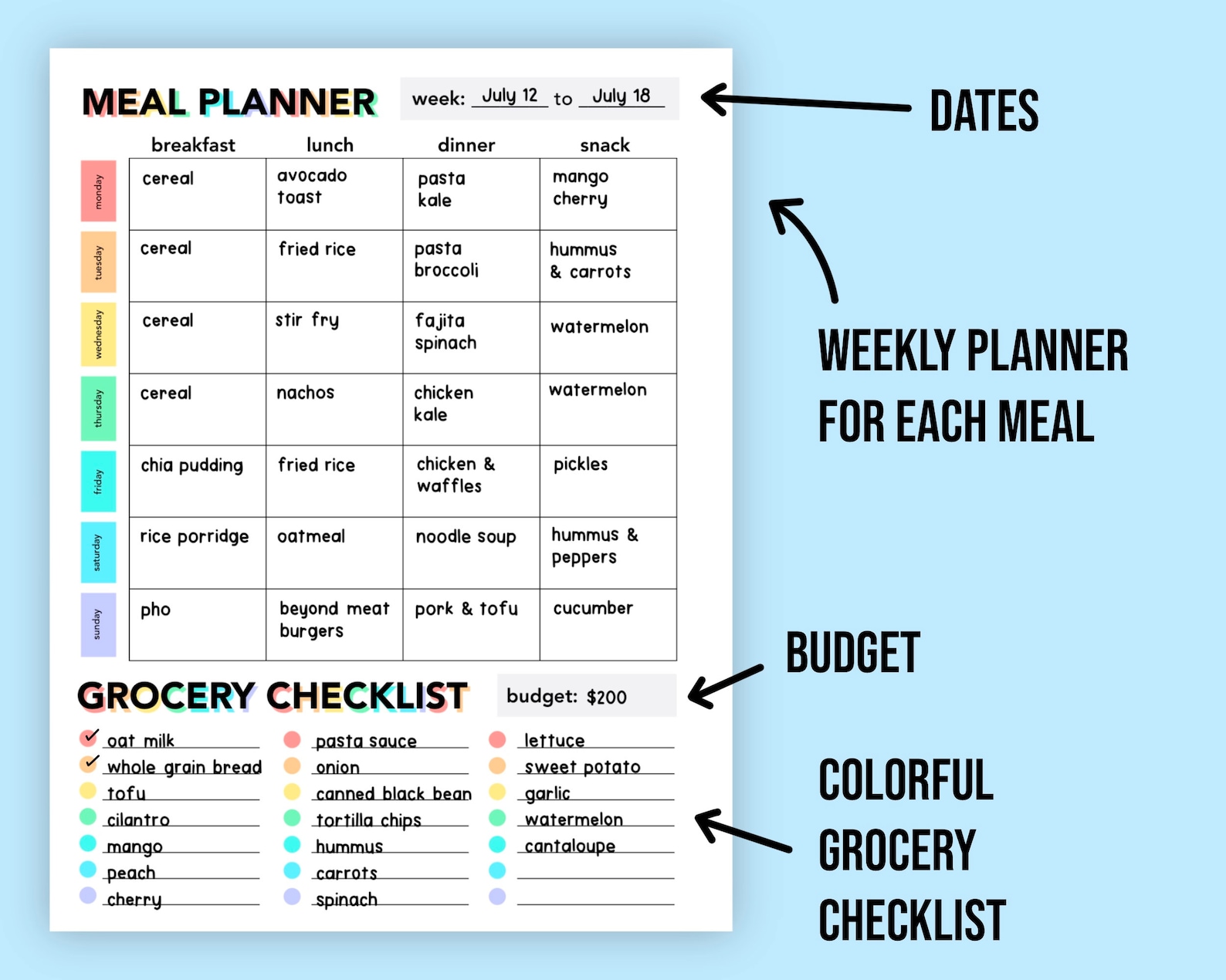 Meal Prep Planner & Grocery Checklist Printable Digital | Etsy