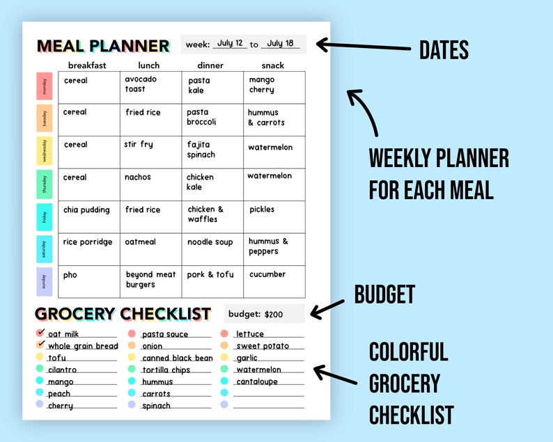 Meal Prep Planner & Grocery Checklist Printable Digital | Etsy