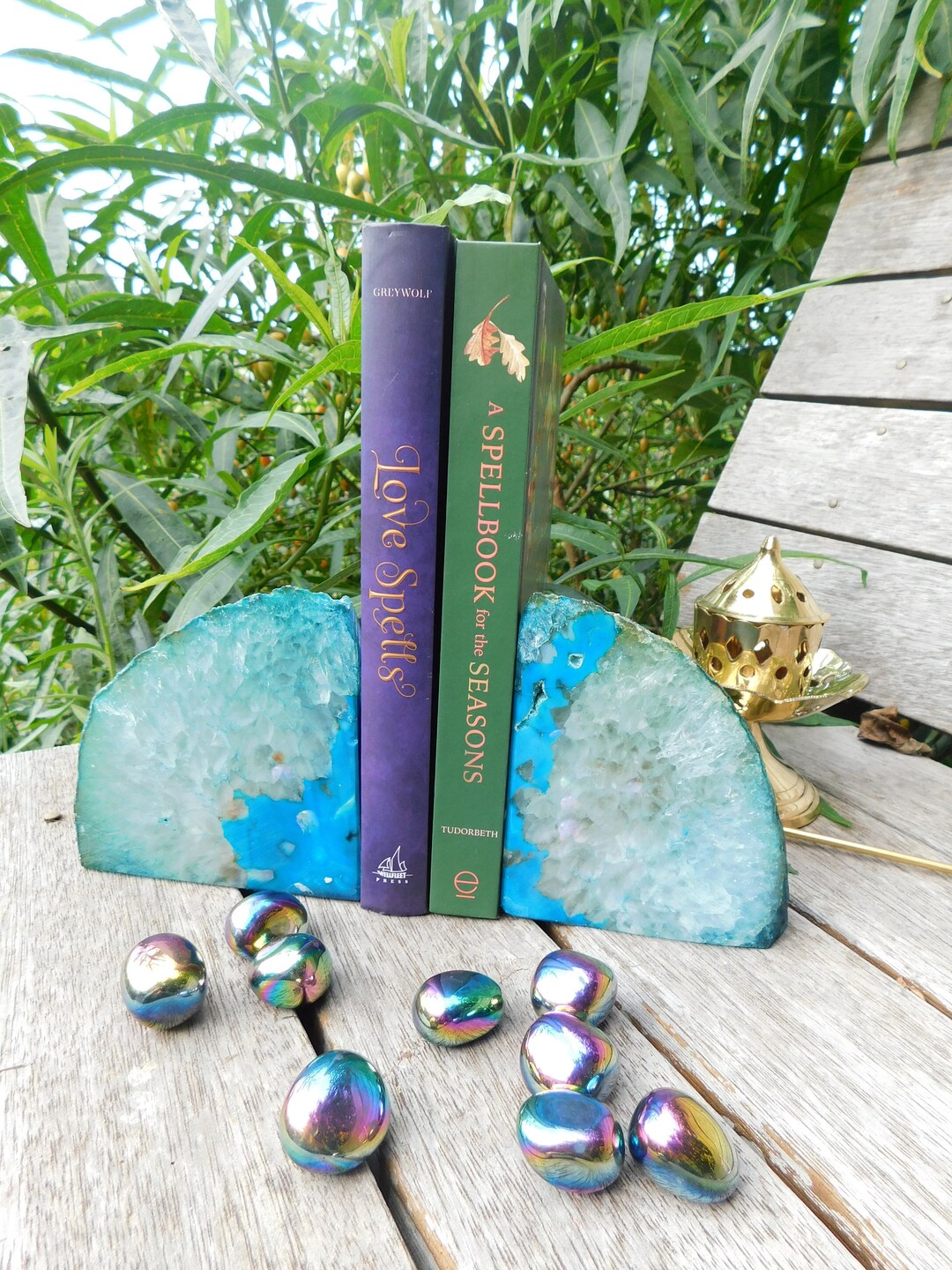 Teal Dyed Agate Book Ends, Agate Bookends in Teal, Polished Agate, Book ...