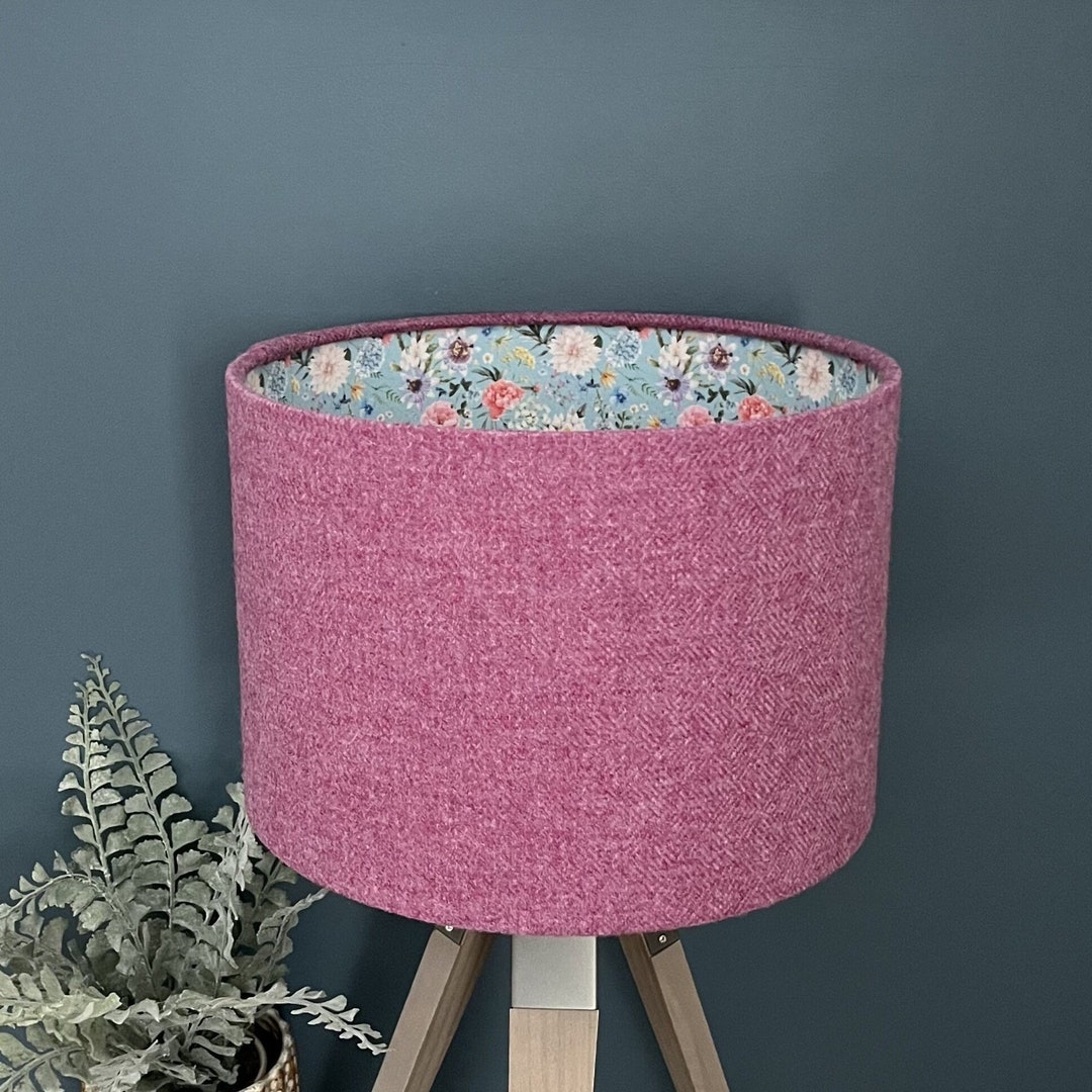 Hilda Clover Dark Pink Tweed Lampshade Blue Floral Pattern Lined Drum ...
