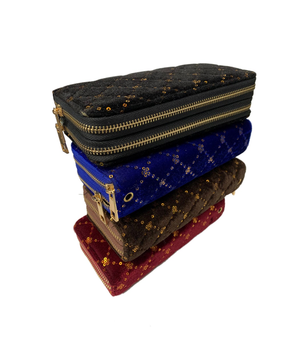 7X4 Double Zipper Zip Around Fabric With Diagonal Pattern Sequin and ...