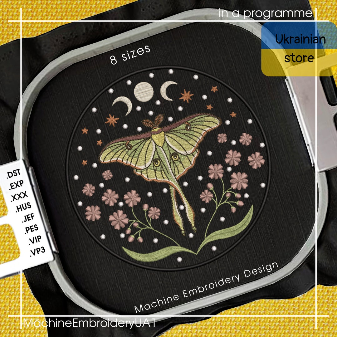 Green Moth on Dark Background Machine Embroidery Design Night Moth ...