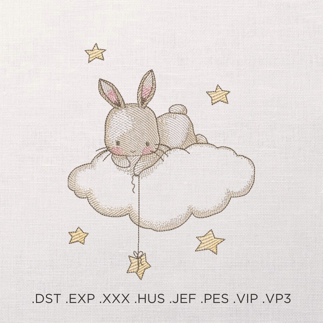 Cute Rabbit With Stars - Rabbit on a Cloud - 5 Sizes - Instant Download ...