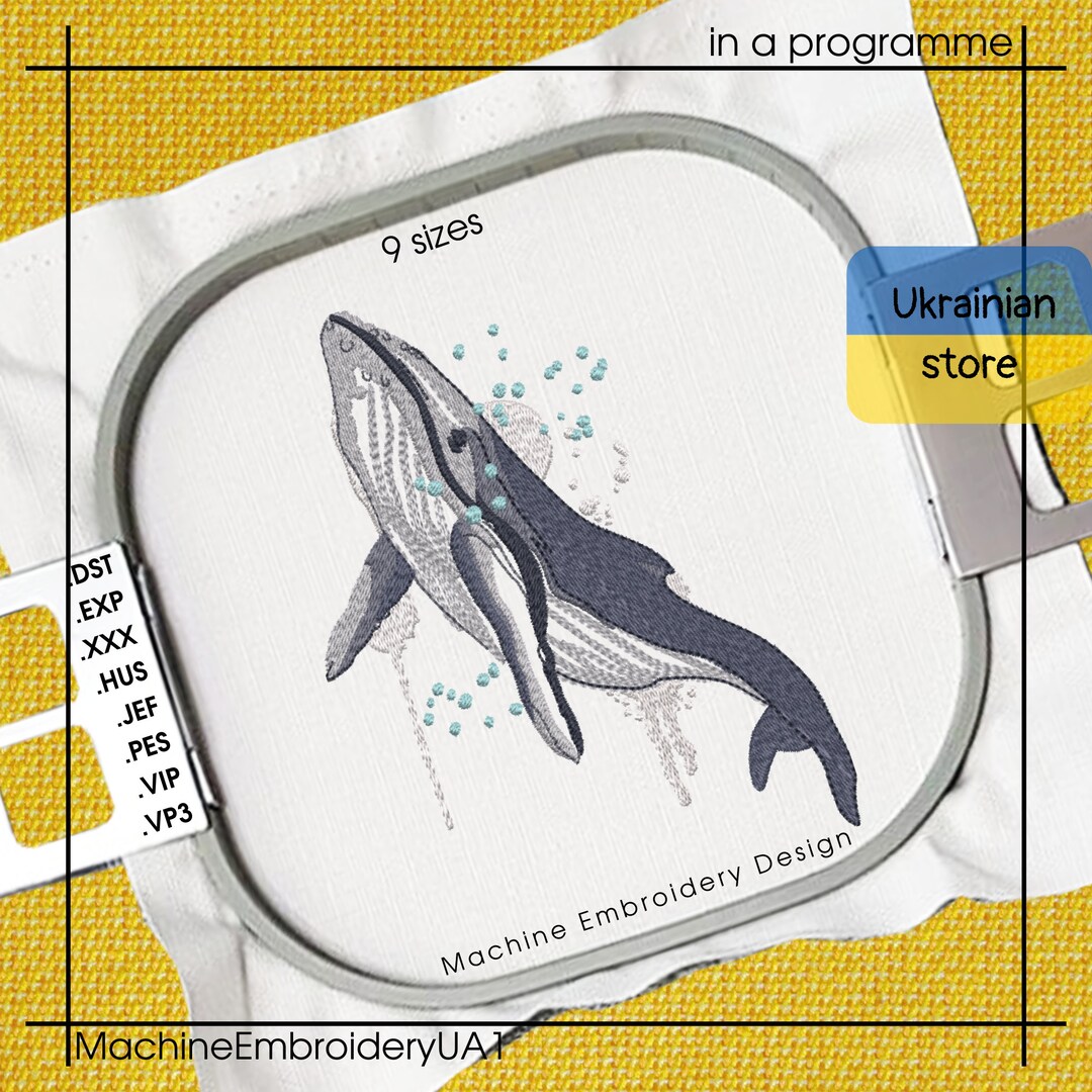 Blue Whale Machine Embroidery Design for Light Fabrics Whale Embroidery ...