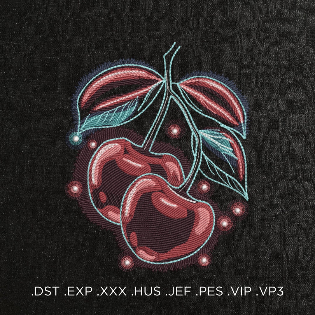 Glowing Cherry Machine Embroidery Design, Fruit Embroidery Pattern ...