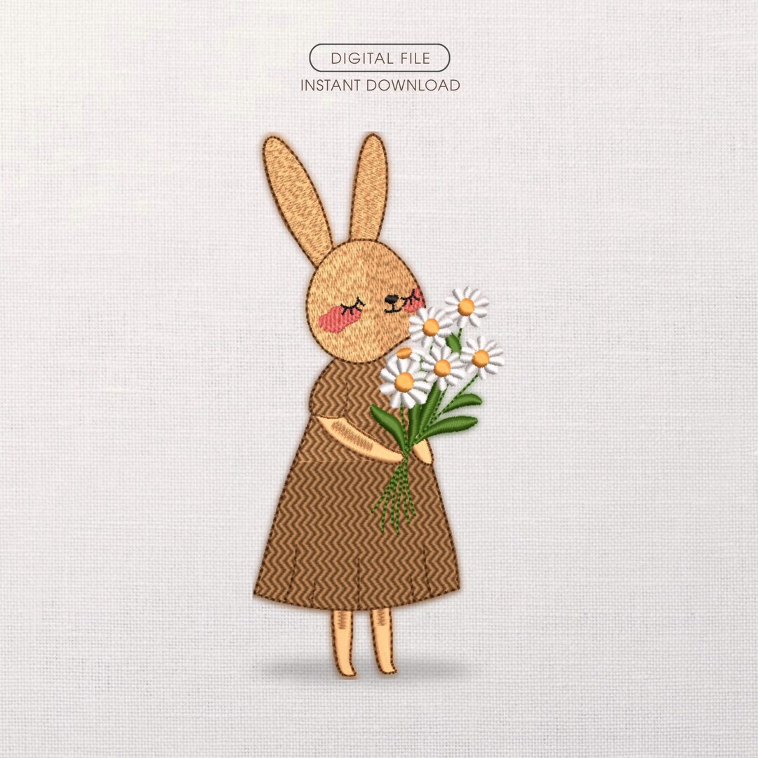 Bunny Embroidery Design File, Cute Rabbit With Flowers, Daisy Bouquet ...