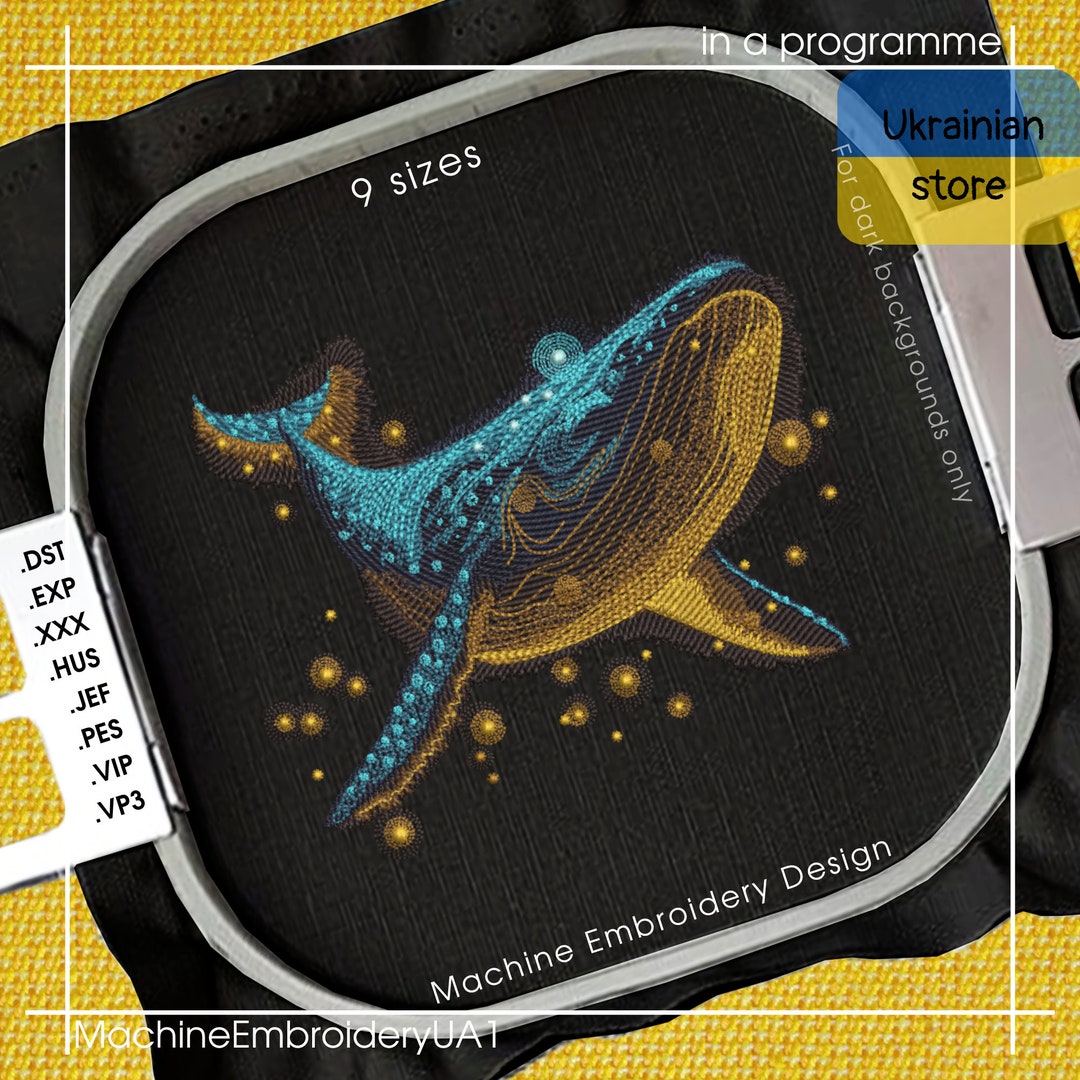Magic Whale With Fireflies Machine Embroidery Design Whale Embroidery Files 9 Sizes Instant ...