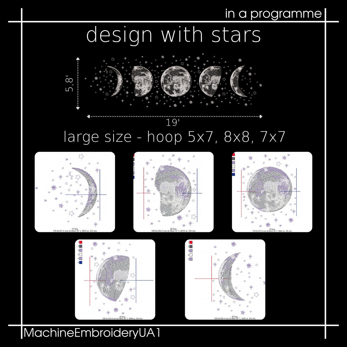 Phases of the Moon With Stars Large Machine Embroidery - Etsy